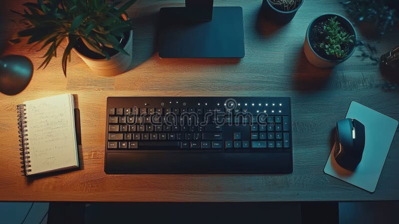 Modern Workspace with Keyboard and Plants Stock Illustration ...