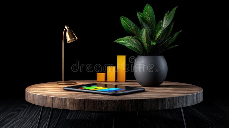 Modern Workspace with Lamp Tablet Plant and Bar Graph on Wooden Table ...