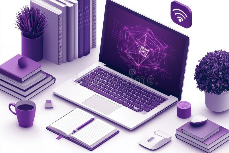 Modern Workspace with a Laptop, Books, and Connected Digital Data ...