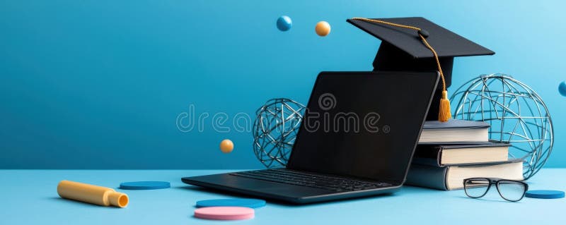 A Modern Workspace with a Laptop Books and Graduation Cap Perfect for ...