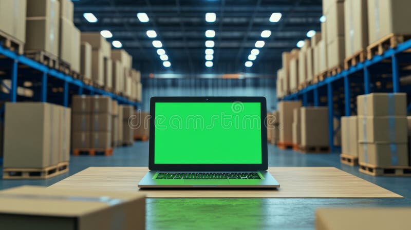 Modern Workspace with Laptop and Cardboard Boxes in a Bright Warehouse ...