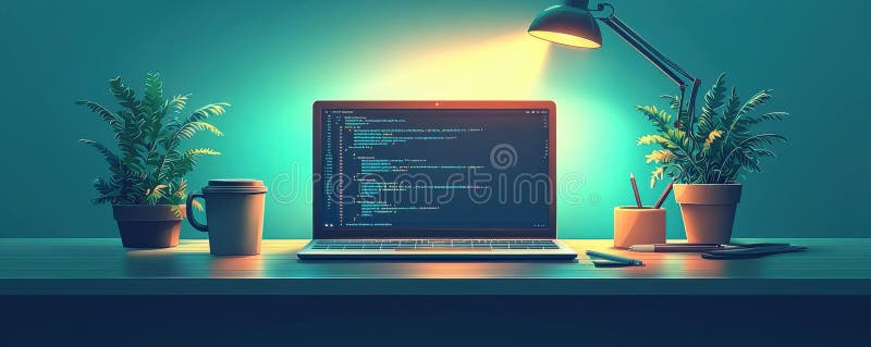 Modern Workspace with a Laptop, Code, Plants, and Warm Ambient Lighting Stock Image - Image of ...