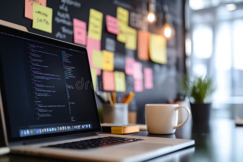 Modern Workspace with Laptop, Coffee Cup, Sticky Notes, and Creative ...