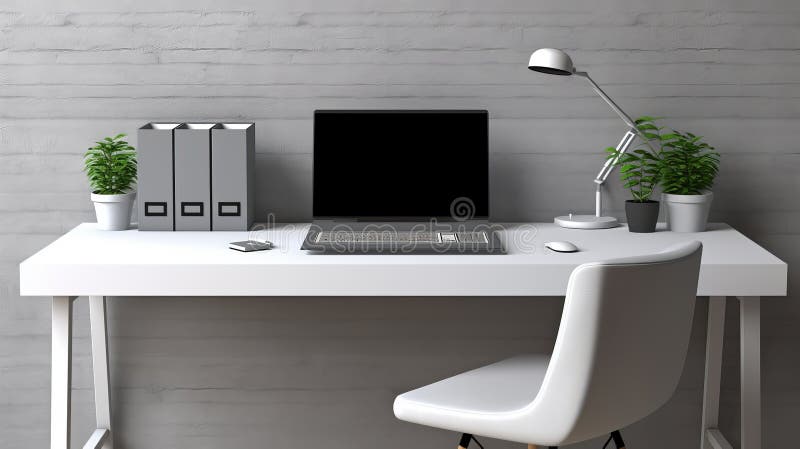 A Modern Workspace with Laptop, Desk Lamp, and Greenery Creating a ...