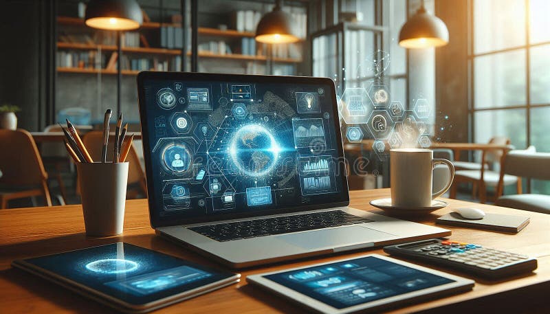 Modern Workspace with Laptop and Digital Interface Stock Illustration ...