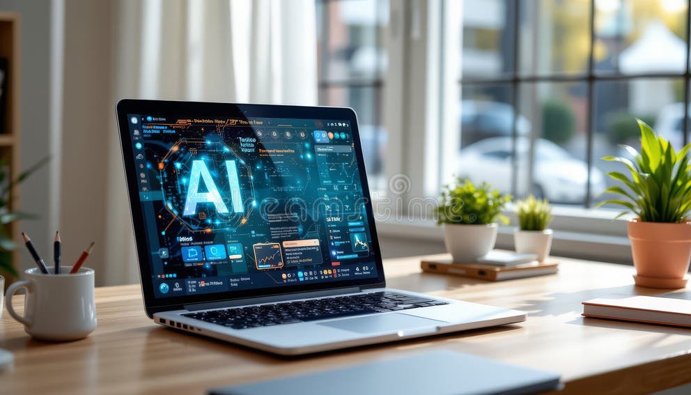 Modern Workspace with Laptop Displaying AI Interface and Analytics ...