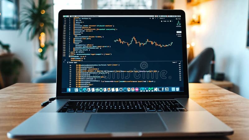 Modern Workspace with Laptop Displaying Coding Interface and Coffee Cup ...