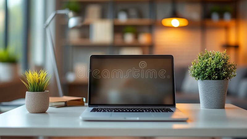 Modern Workspace with Laptop and Green Plants on Desk in Bright Office Stock Illustration ...