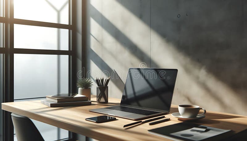 Modern Workspace with Laptop and Natural Light Stock Illustration ...