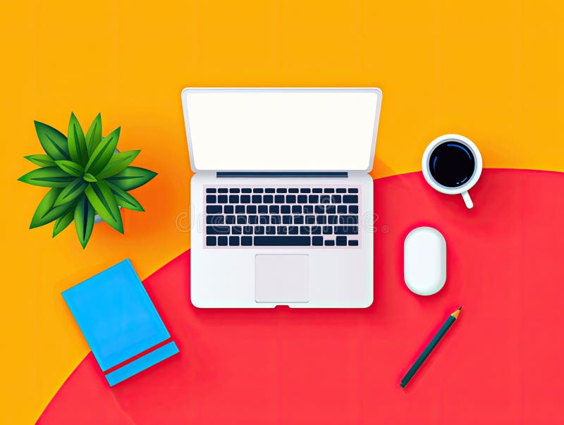 Modern Workspace with Laptop, Notebook, Plant, Coffee, and Mouse on a ...