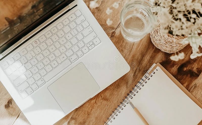 Modern Workspace with Laptop, Notepad, and Hydration on a Rustic Wood ...