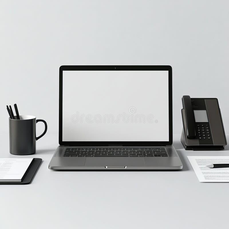 Modern Workspace with Laptop, Office Phone, Mug, and Documents on ...