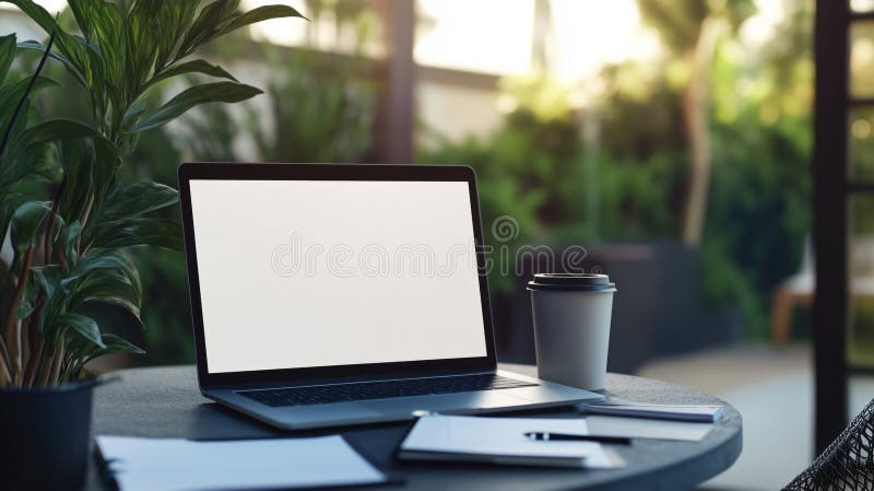 Modern Workspace with Laptop on Outdoor Terrace Surrounded by Greenery ...