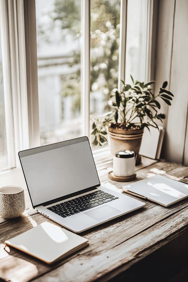 Modern Workspace Laptop Plants Window Cozy Bright Setting Wooden Table ...