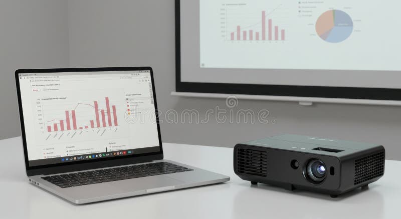 Modern Workspace with Laptop and Projector Displaying Graphs and Charts ...