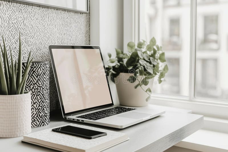 Modern Workspace with Laptop, Smartphone, Plants on Desk Near Window ...
