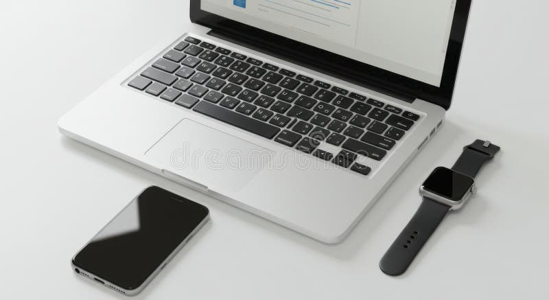 Modern Workspace with Laptop, Smartphone, and Smartwatch on White Desk ...