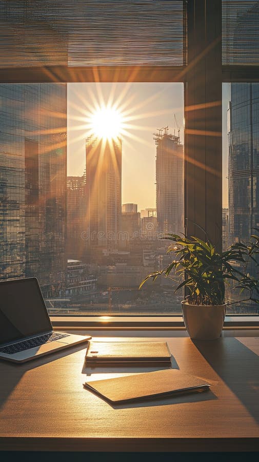 Modern Workspace with Laptop and Sunset City View Stock Illustration ...