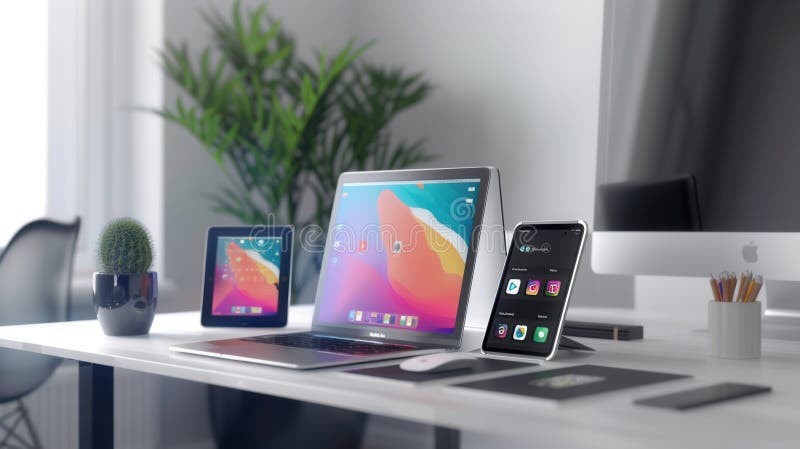 A Modern Workspace with a Laptop, Tablet, and Desktop Computer ...