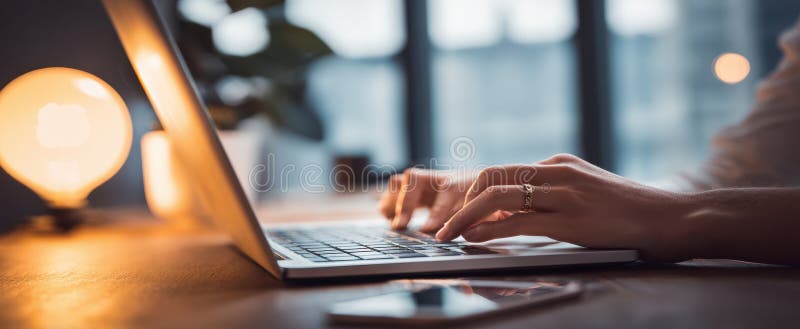 The Modern Workspace with a Laptop and Warm Lighting at Night.AI ...