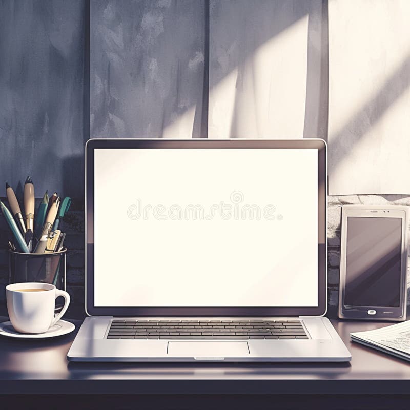 Modern Workspace Laptop with White Blank Screen, Coffee, Tablet ...