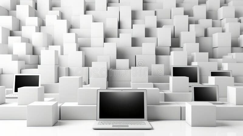Modern Workspace with Laptops Integrated among White Geometric Boxes in ...