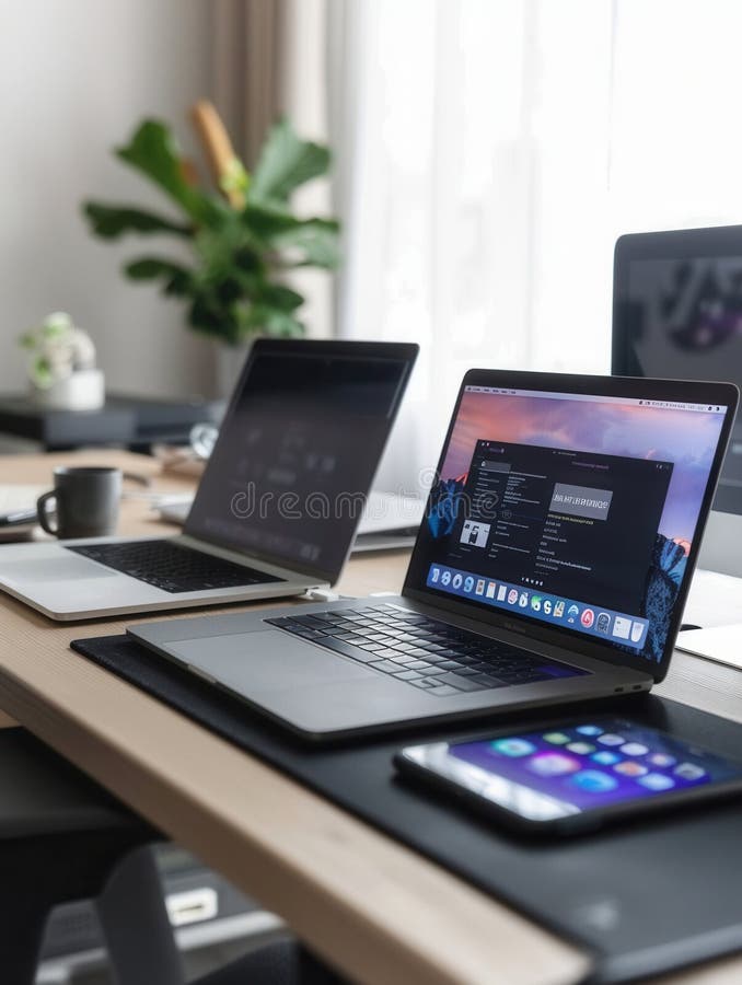 A Modern Workspace with Laptops and Tablets Displaying Vibrant Apps and ...