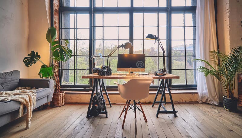 Modern Workspace with Large Window Stock Illustration - Illustration of ...