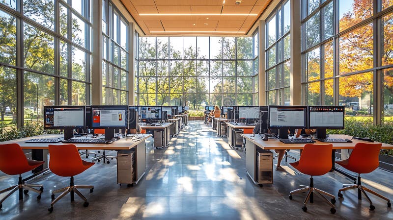 Modern Workspace with Large Windows and Computer Stations Surrounded by ...