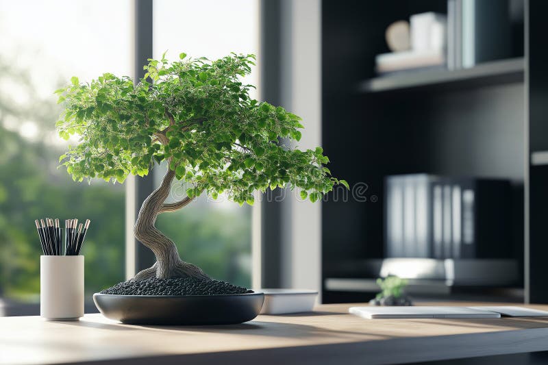 Modern Workspace with a Minimalist Desk Setup, a Small Bonsai Tree As ...