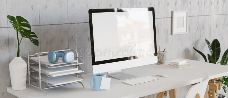 Modern Pc Computer White Screen Mockup in Dark Office Room Stock ...