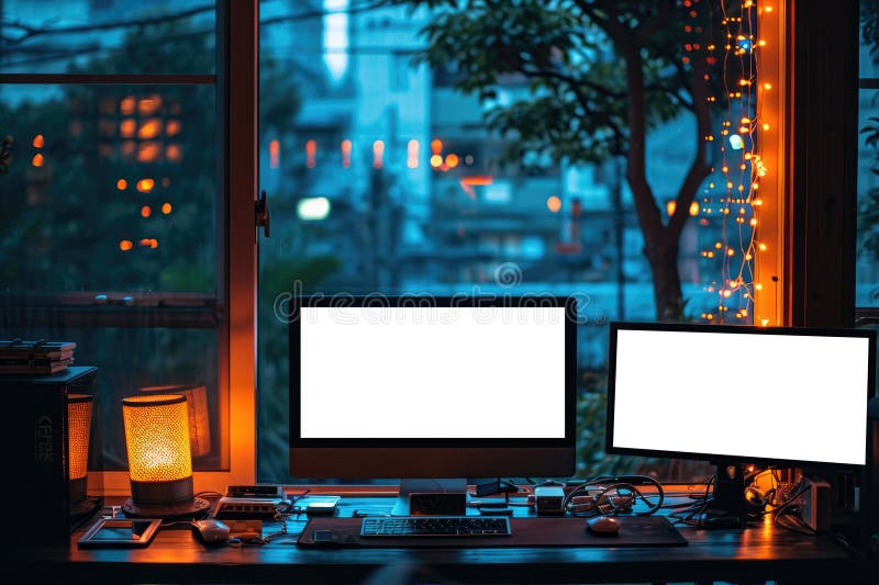 Modern Workspace Mockup with Blank Screen Computer. Generative AI Stock ... Modern Workspace Mockup with Blank Screen Computer. Generative AI Stock ...