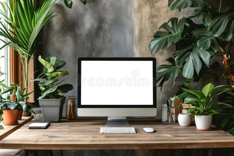 Modern Workspace Mockup with Blank Screen Computer. Generative AI Stock ... Modern Workspace Mockup with Blank Screen Computer. Generative AI Stock ...