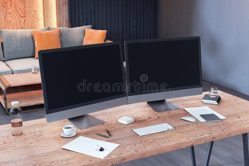 Modern Workspace Mockup with Two Blank Computer Screen Stock ...
