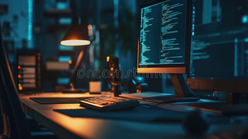 Modern Workspace with Monitors and Coding Screen Stock Photo - Image of ...