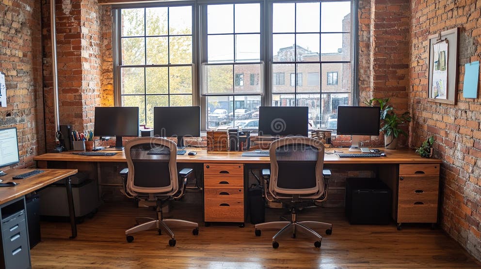 Modern Workspace with Multiple Computer Stations, Exposed Brick Walls ...