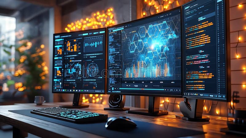 Modern Workspace With Multiple Monitors Showcasing Data Visualization Coding And Technology