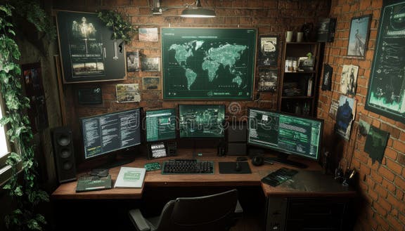 A Modern Workspace with Multiple Monitors in a Stylish Brick-walled ...