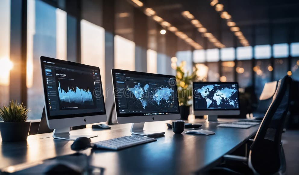 Modern Workspace with Multiple Screens Displaying Data and Maps during Sunset Generative AI ...