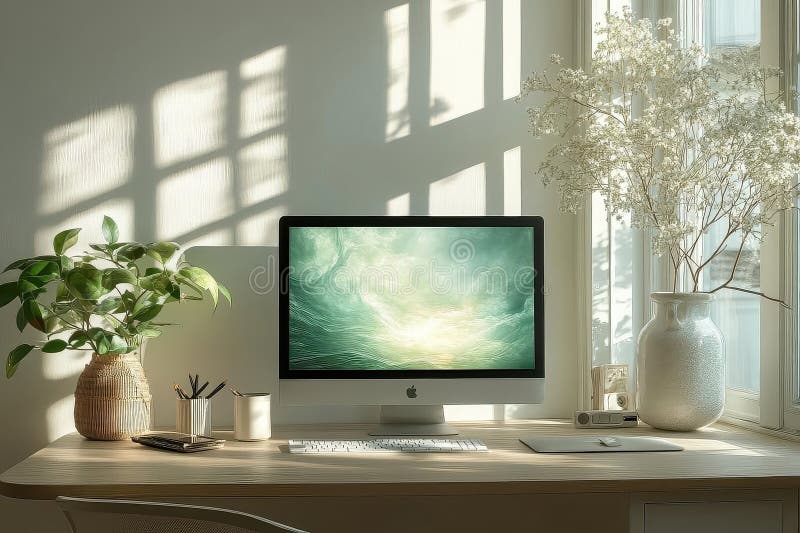 Modern Workspace Featuring Light Wooden Desk Desktop Computer Mouse ...