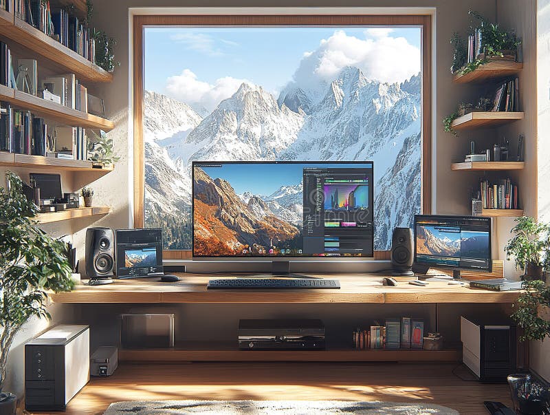 Modern Workspace with Natural Light, Three Monitors, Keyboard, Mouse ...