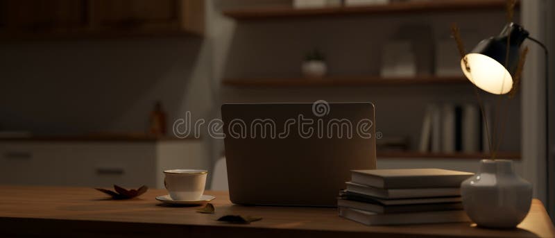 Workspace at Night, a Laptop Mockup, a Table Lamp, and Decor on a Desk ...