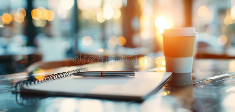 Modern Workspace with Notebook and Coffee Cup at Sunset in Urban Cafe ...