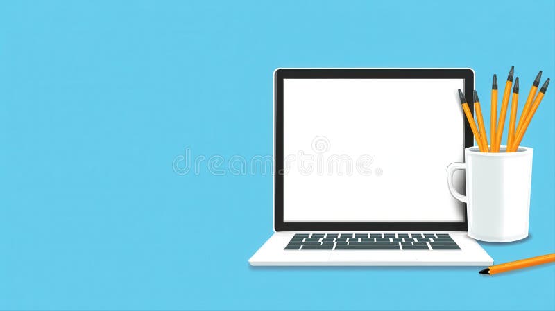 Modern Workspace with Open Laptop Computer, White Mug Holding Yellow ...