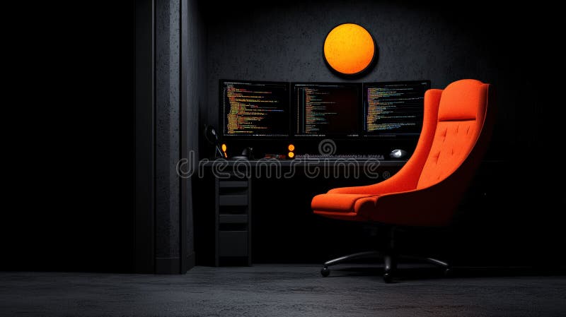 Modern Workspace with Orange Chair and Screens in a Dark Room ...