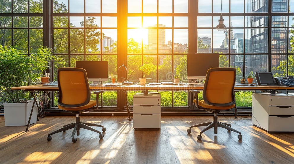 Modern Workspace with Panoramic City Views Stock Illustration - Illustration of minimalist ...