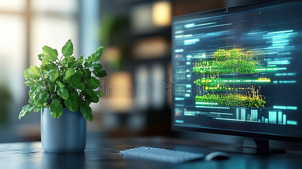 Modern Workspace with Plant and Computer Screen Displaying Data ...