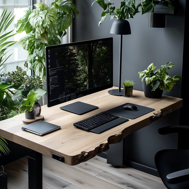 Modern Workspace with Plants and Computer Stock Illustration ...