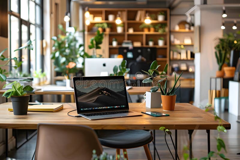 Modern Workspace Productivity, Laptop Setup with Indoor Plants ...