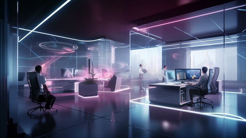 Modern Workspace with Professionals Interacting with Futuristic Devices ...